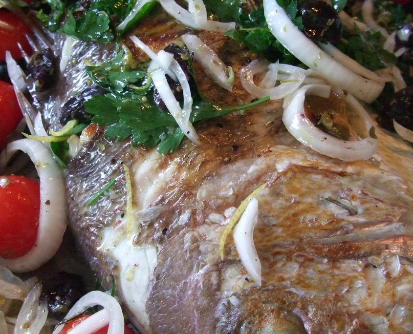 Whole Baked Fish with Fresh Tomato, Lemon, Basil and Olive Sauce ...